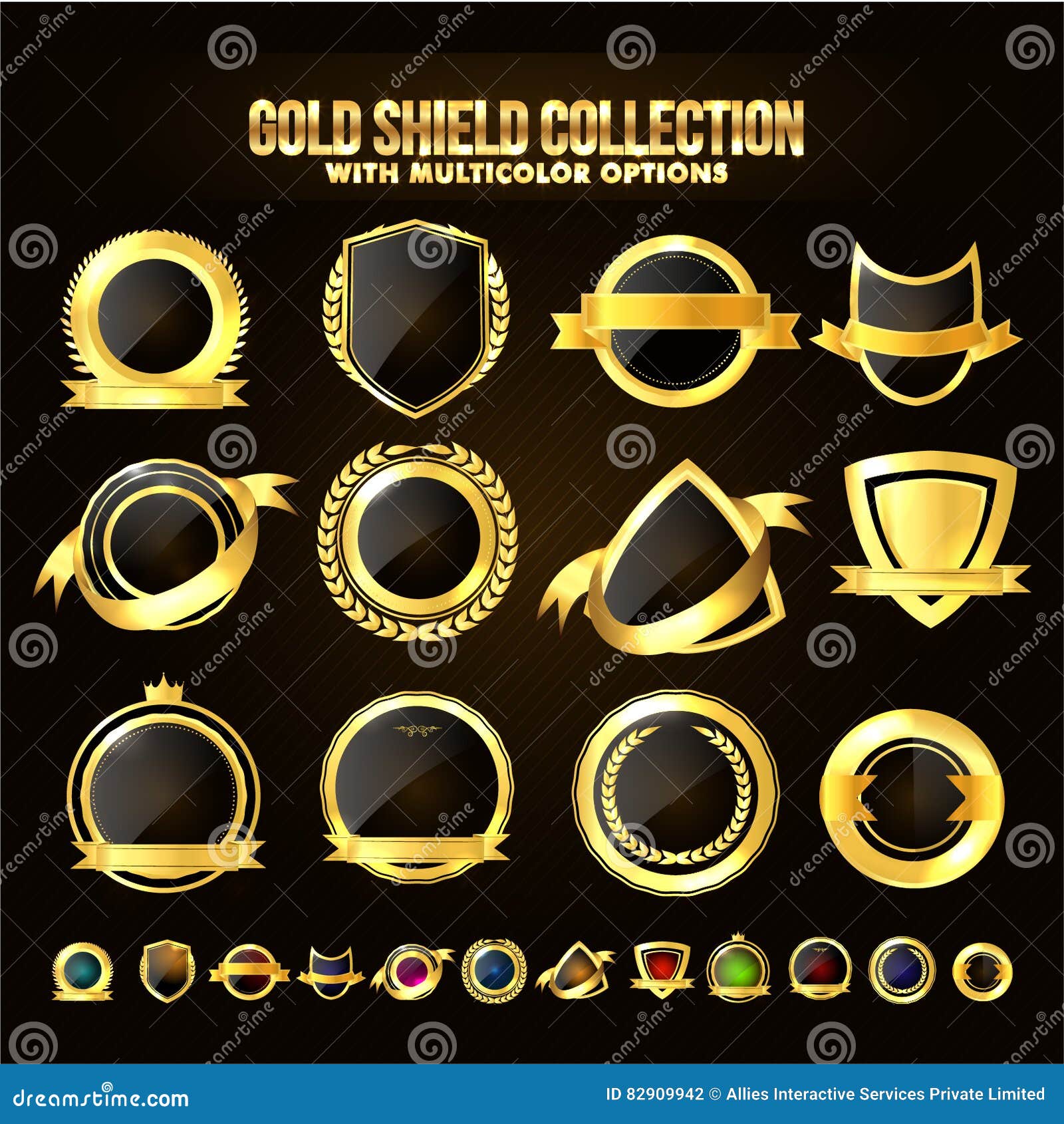Set of Golden Shield, Stickers, Labels, Ribbons. Stock Illustration ...