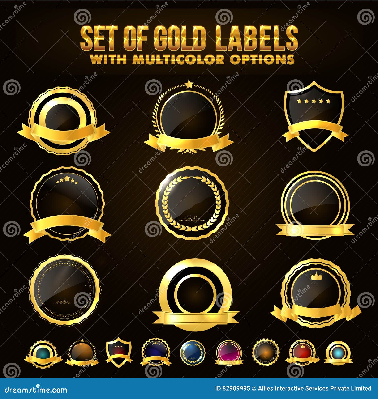 Set of Golden Shield, Stickers, Labels, Ribbons. Stock Illustration ...