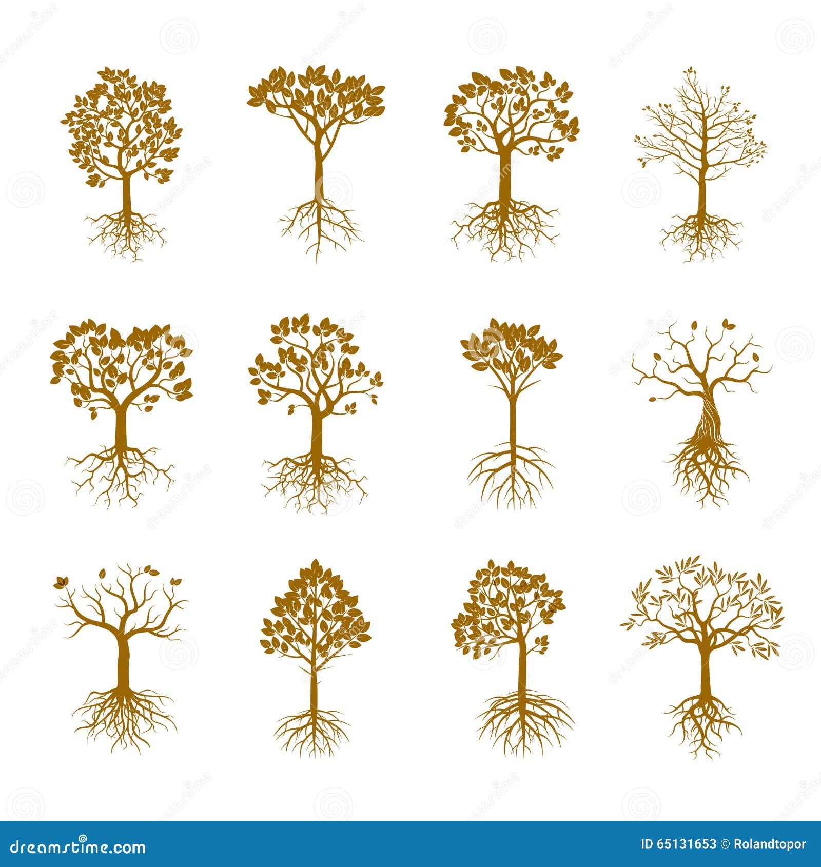 Set of Golden Trees and Roots Stock Illustration - Illustration of ...