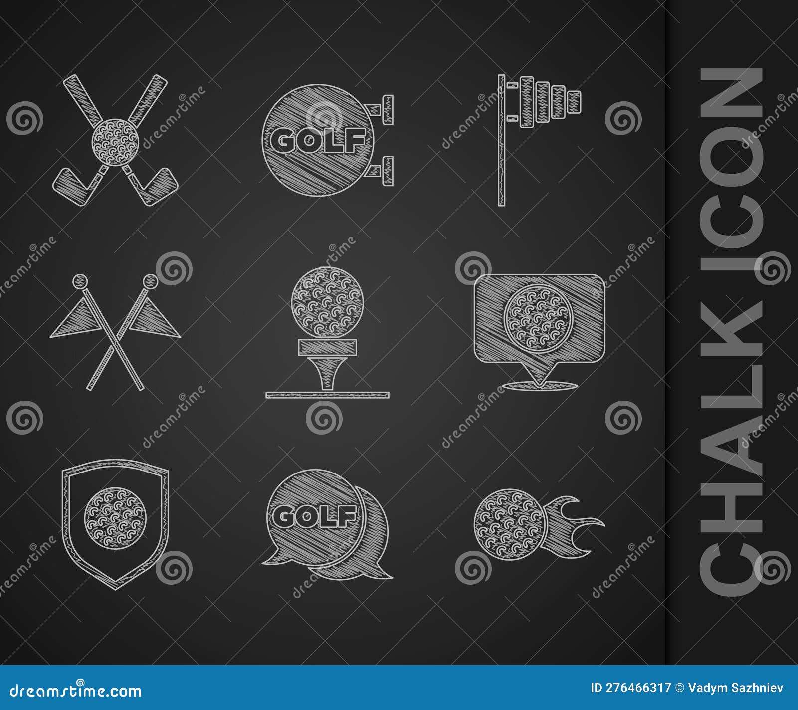 Set Golf Ball on Tee, Label, with Shield, Flag, and Crossed Golf Club ...