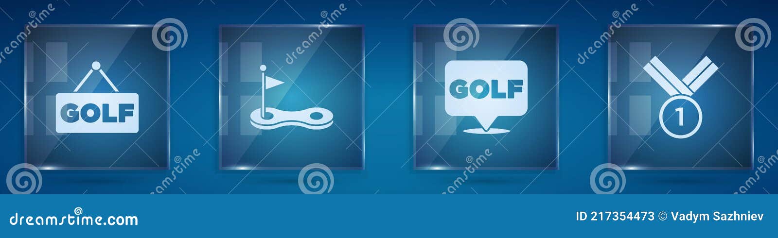 Set Golf Label, Hole with Flag, and Medal Golf. Square Glass Panels ...