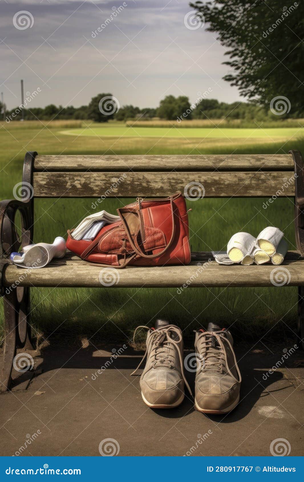 A Set of Golf Shoes and Gloves on a Bench by the Course Stock ...