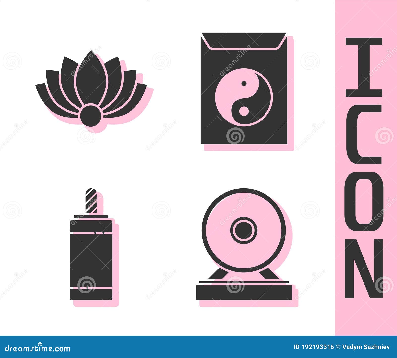 Set Gong, Lotus Flower, Firework and Yin Yang and Envelope Icon. Vector ...
