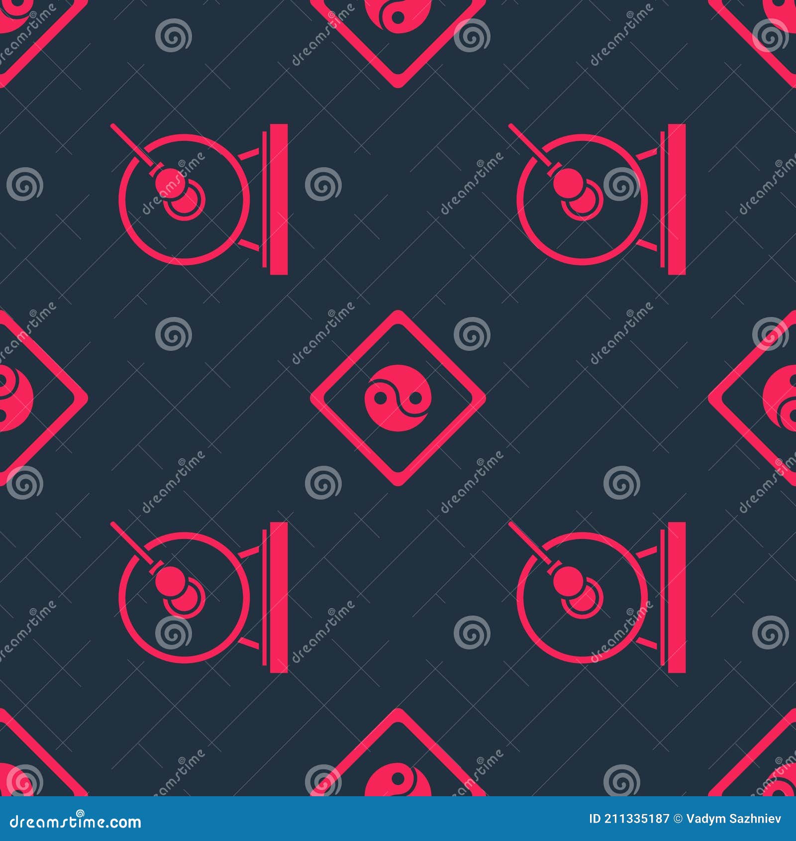 Set Gong and Yin Yang on Seamless Pattern. Vector Stock Vector ...