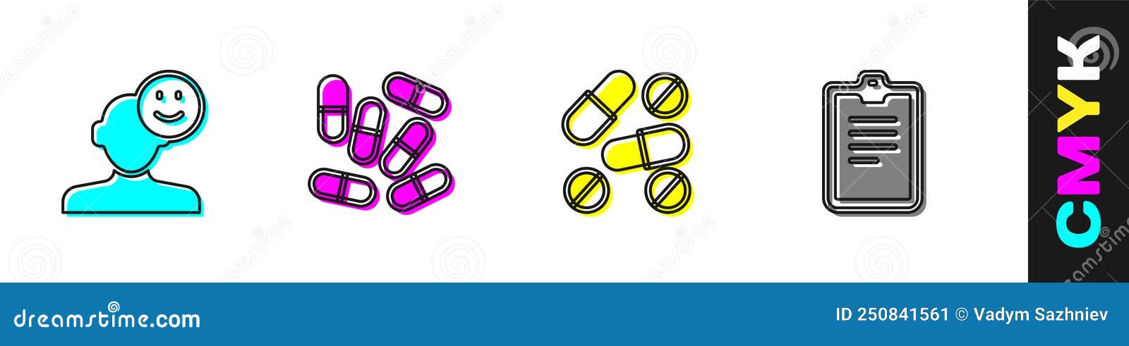 Set Good Mood, Medicine Pill or Tablet, and Psychological Test Icon ...