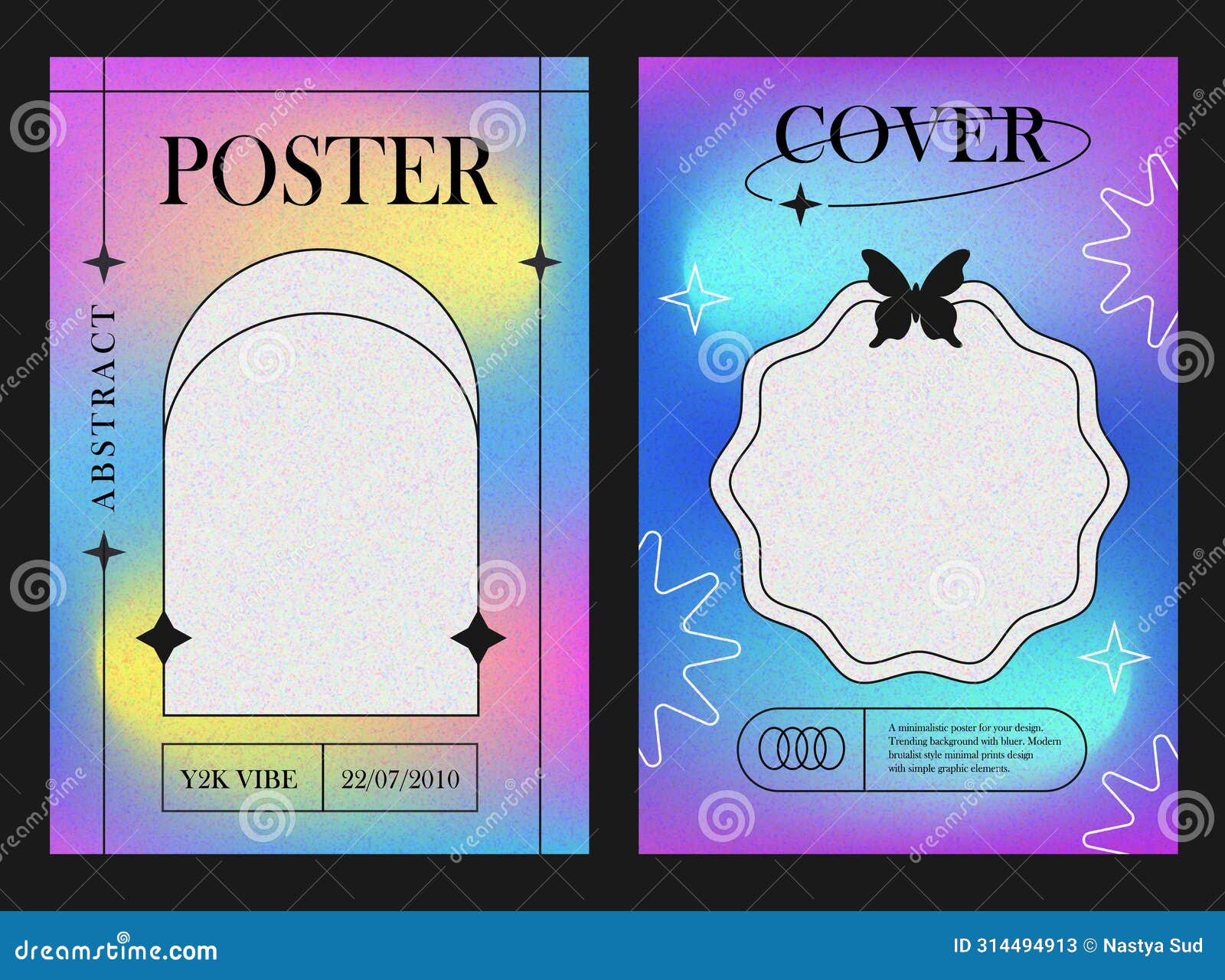 Set of Gradient Grainy Poster with Y2k Arch Frame and Stars. Bright ...