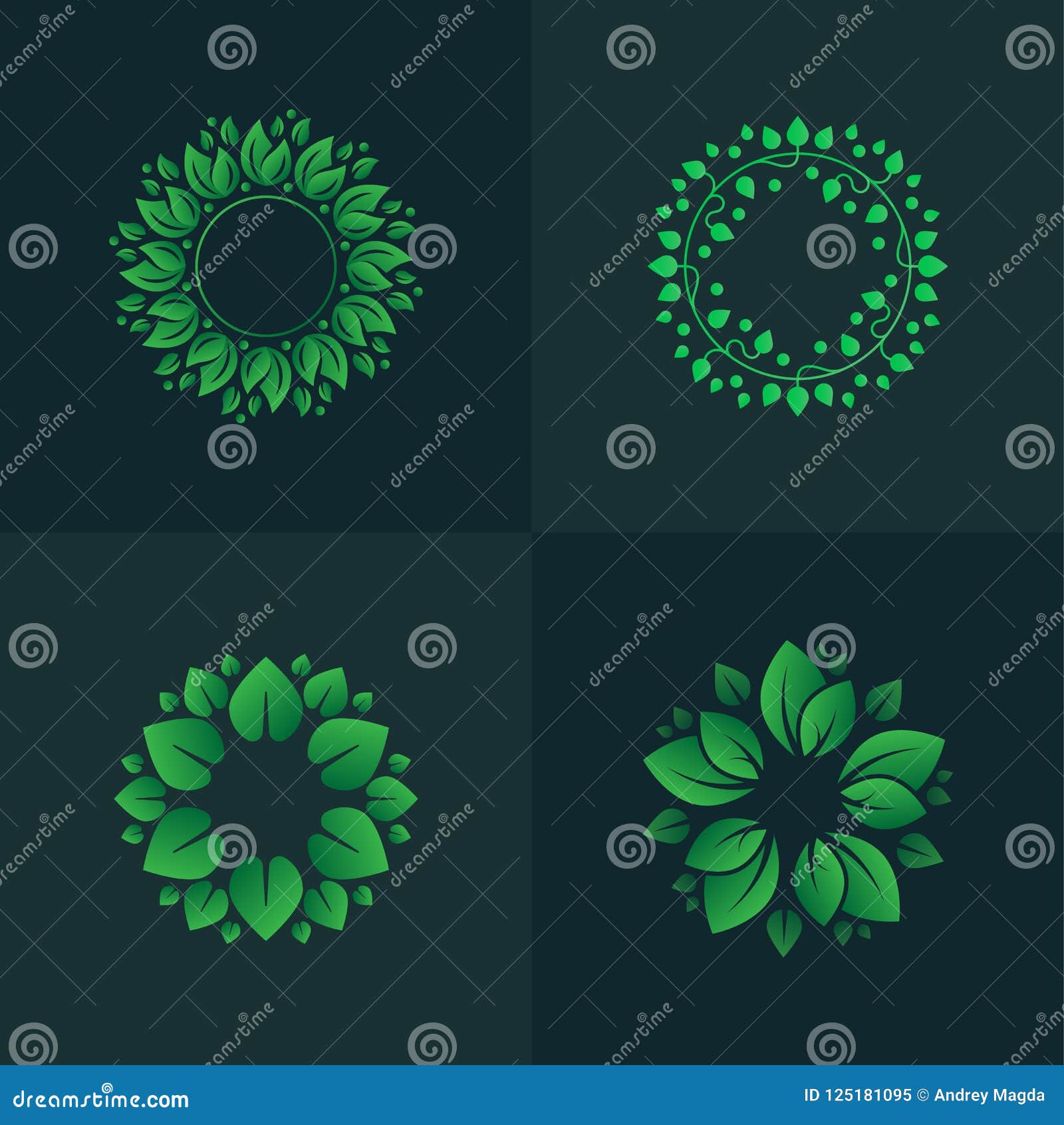 Set of Gradient Leaves Circles. Circular Floral Ornaments for Logo ...
