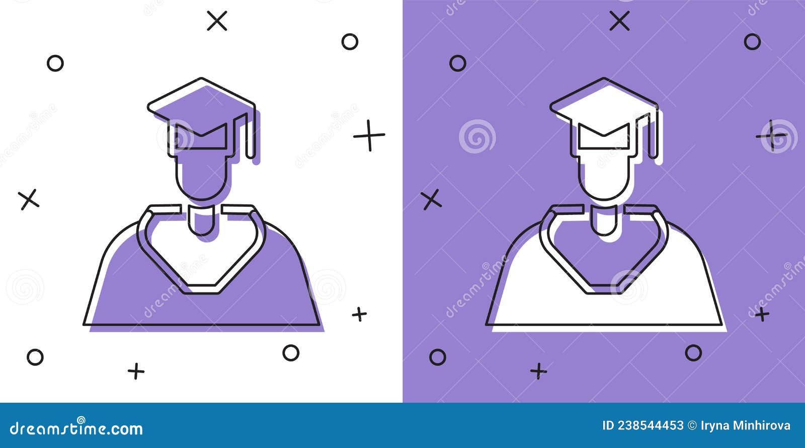 Set Graduate and Graduation Cap Icon Isolated on White and Purple ...