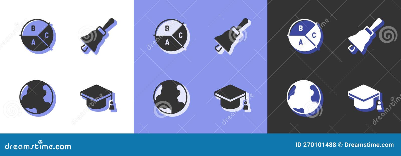 Set Graduation Cap, Pie Chart Infographic, Earth Globe and Ringing Bell ...