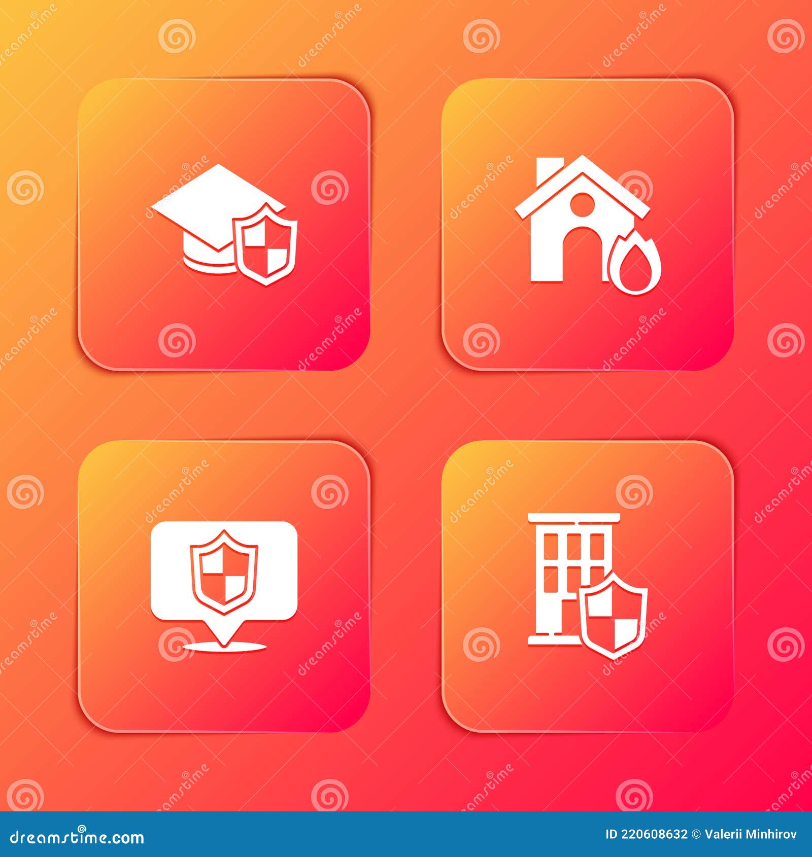 Set Graduation Cap with Shield, Fire in Burning House, Location and ...