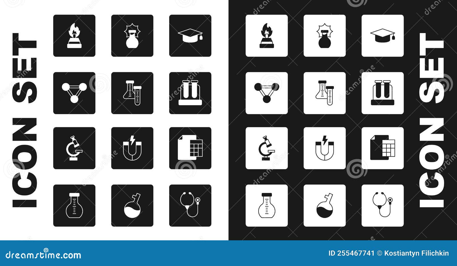 Set Graduation Cap, Test Tube, Molecule, Alcohol or Spirit Burner ...