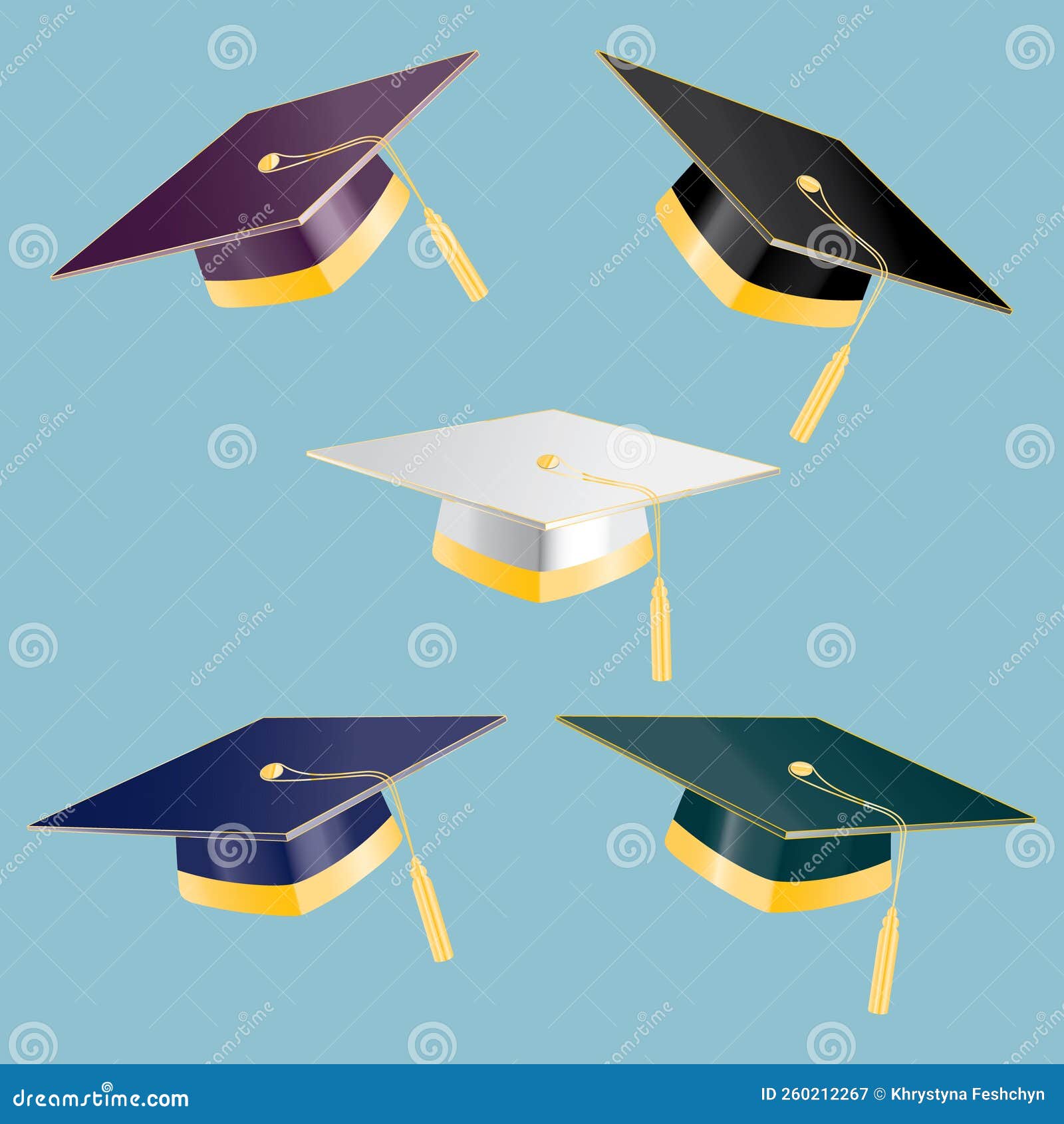 Set of 5 Graduation Student Hats Stock Vector - Illustration of black ...