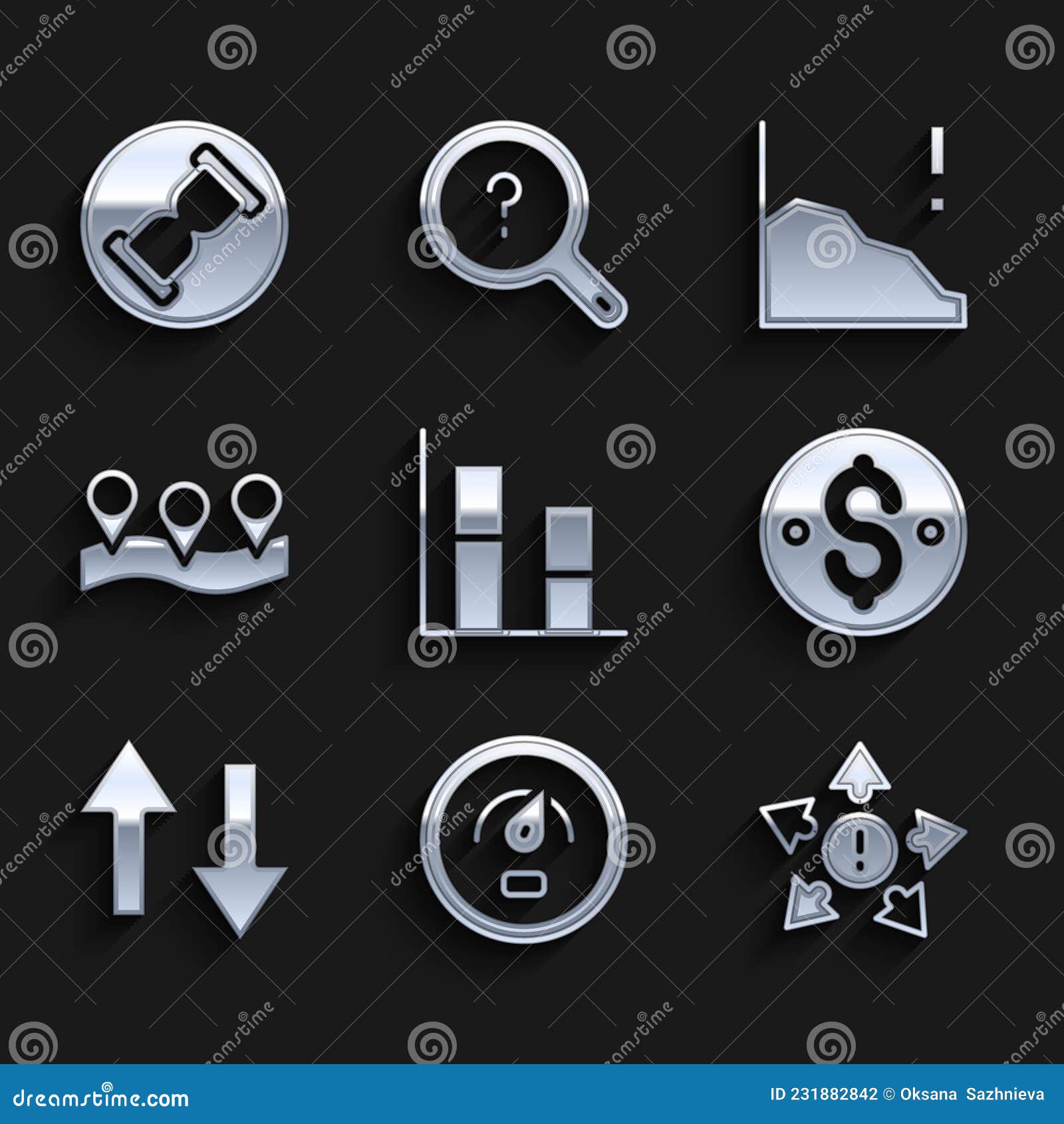 Set Graph, Chart, Diagram, Digital Speed Meter, Many Ways Directional Arrow, Dollar Symbol ...