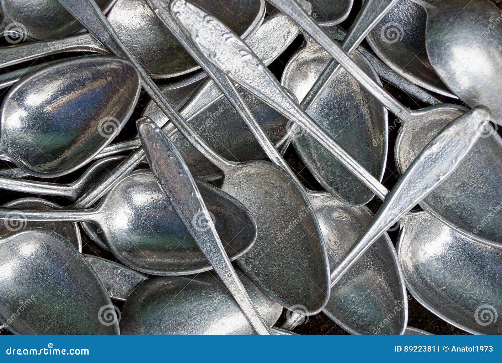 Set of Gray Aluminum Spoons on a Table Stock Image - Image of metal ...