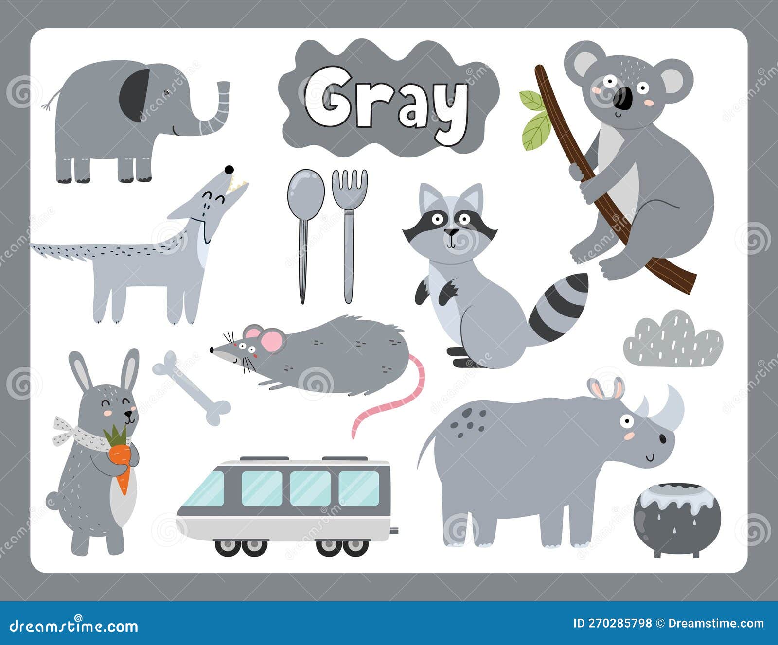 Set of Gray Color Objects. Primary Colors Flashcard with Gray Elements ... Set of Gray Color Objects. Primary Colors Flashcard with Gray Elements ...