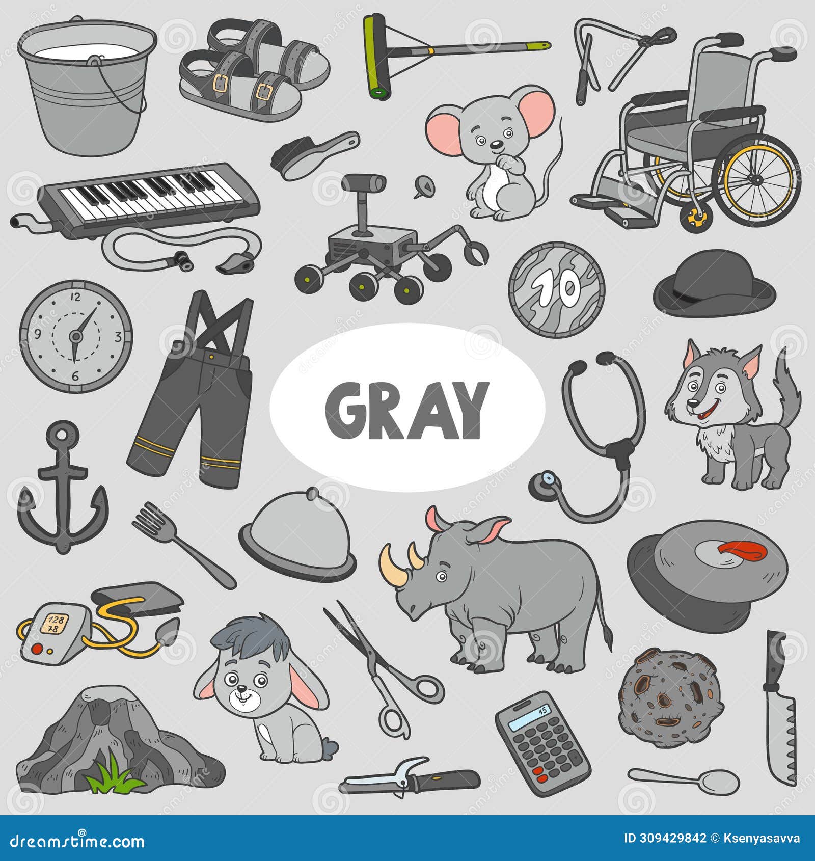Set of Gray Color Objects. Visual Dictionary for Children about the ...