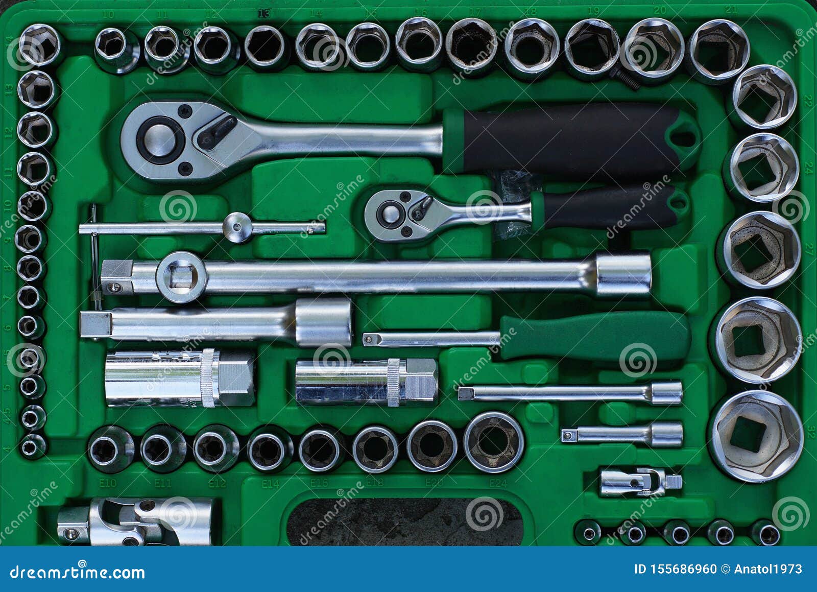 Set of Gray Iron Tools in a Green Box Stock Photo - Image of closeup ...