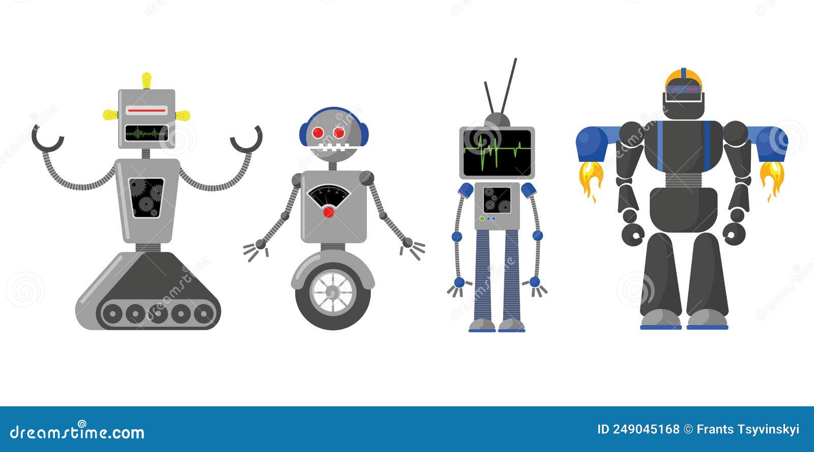 Set of Gray Robots in Cartoon Style. Vector Illustration of Old New ...