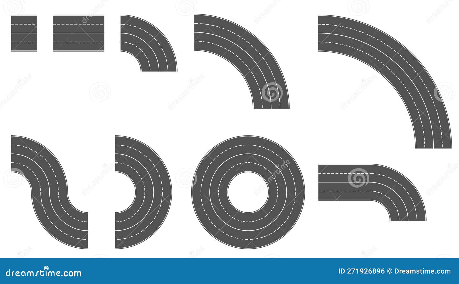 Set of Gray Section of Road with Four Lanes Separated by Dashed Line ...