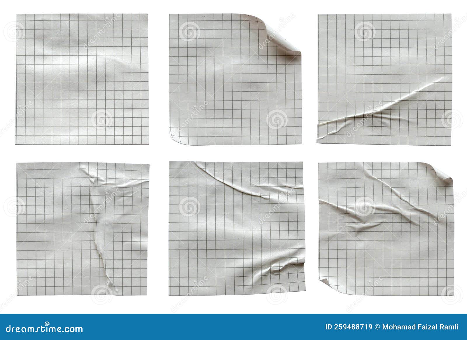A Set of Gray Square Grid Pattern Small Glued Crumpled and Creased Note ...