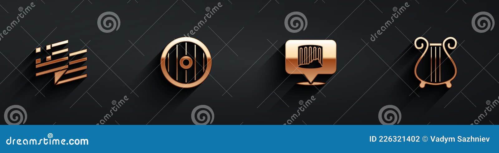 Set Greece National Flag, Greek Shield, Ancient Column and Lyre Icon ...