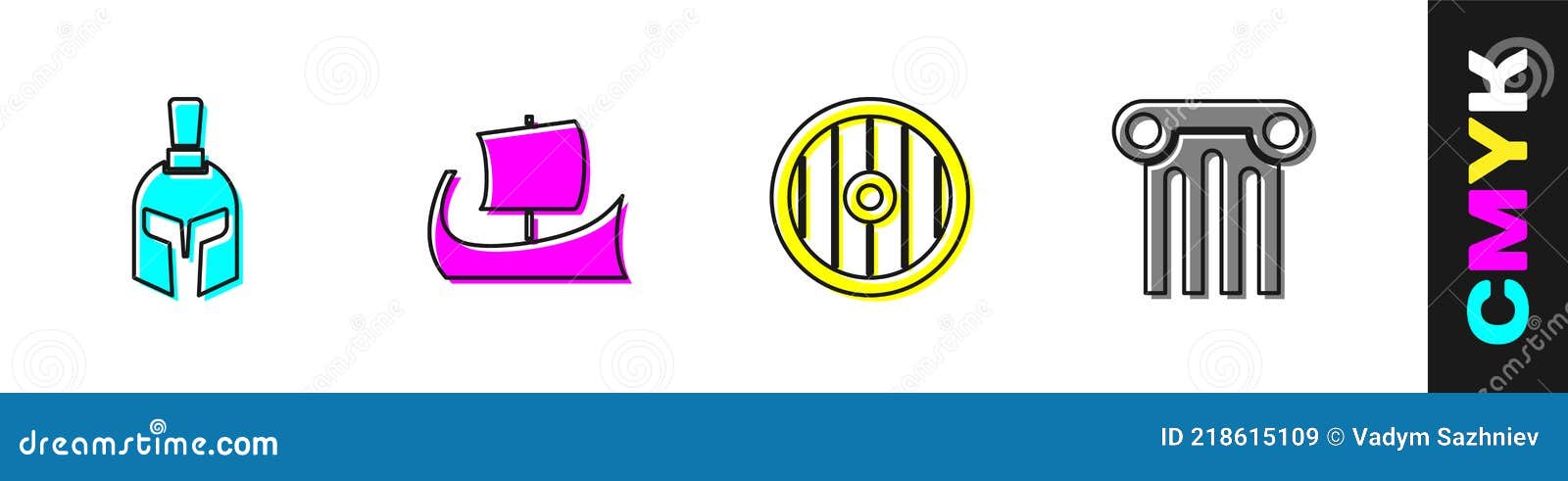 Set Greek Helmet, Trireme, Shield and Ancient Column Icon. Vector Stock ...