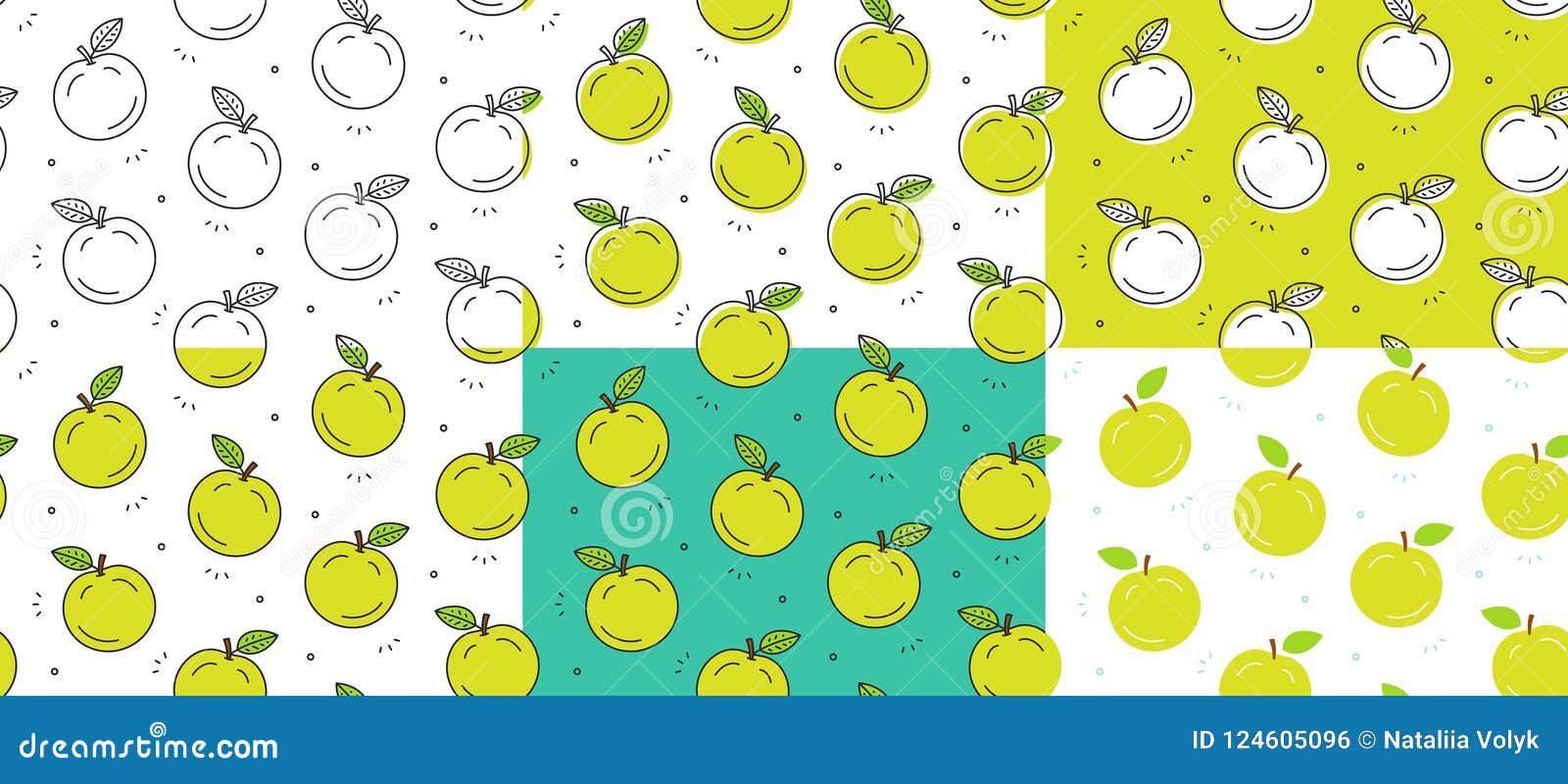 Set Of Green Apple Seamless Pattern Stock Vector Illustration Of