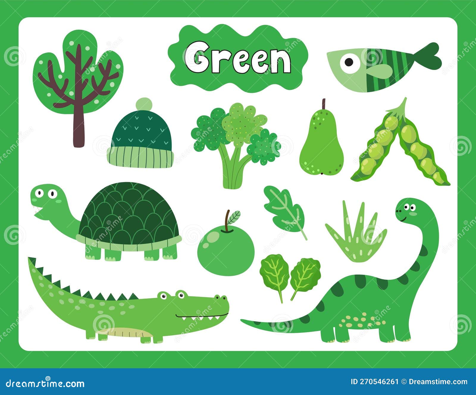 Set of Green Color Objects. Primary Colors Flashcard with Green ...