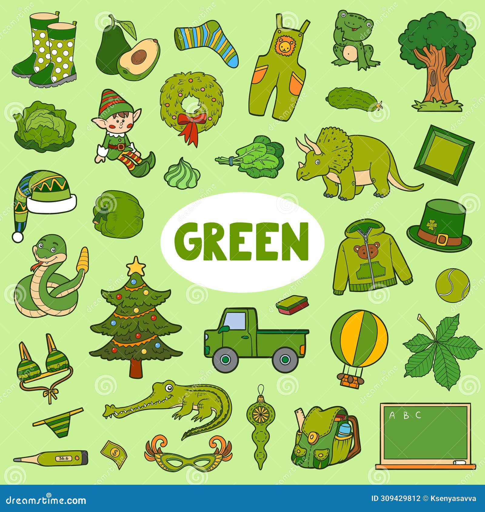 Set of Green Color Objects. Visual Dictionary for Children about the ...
