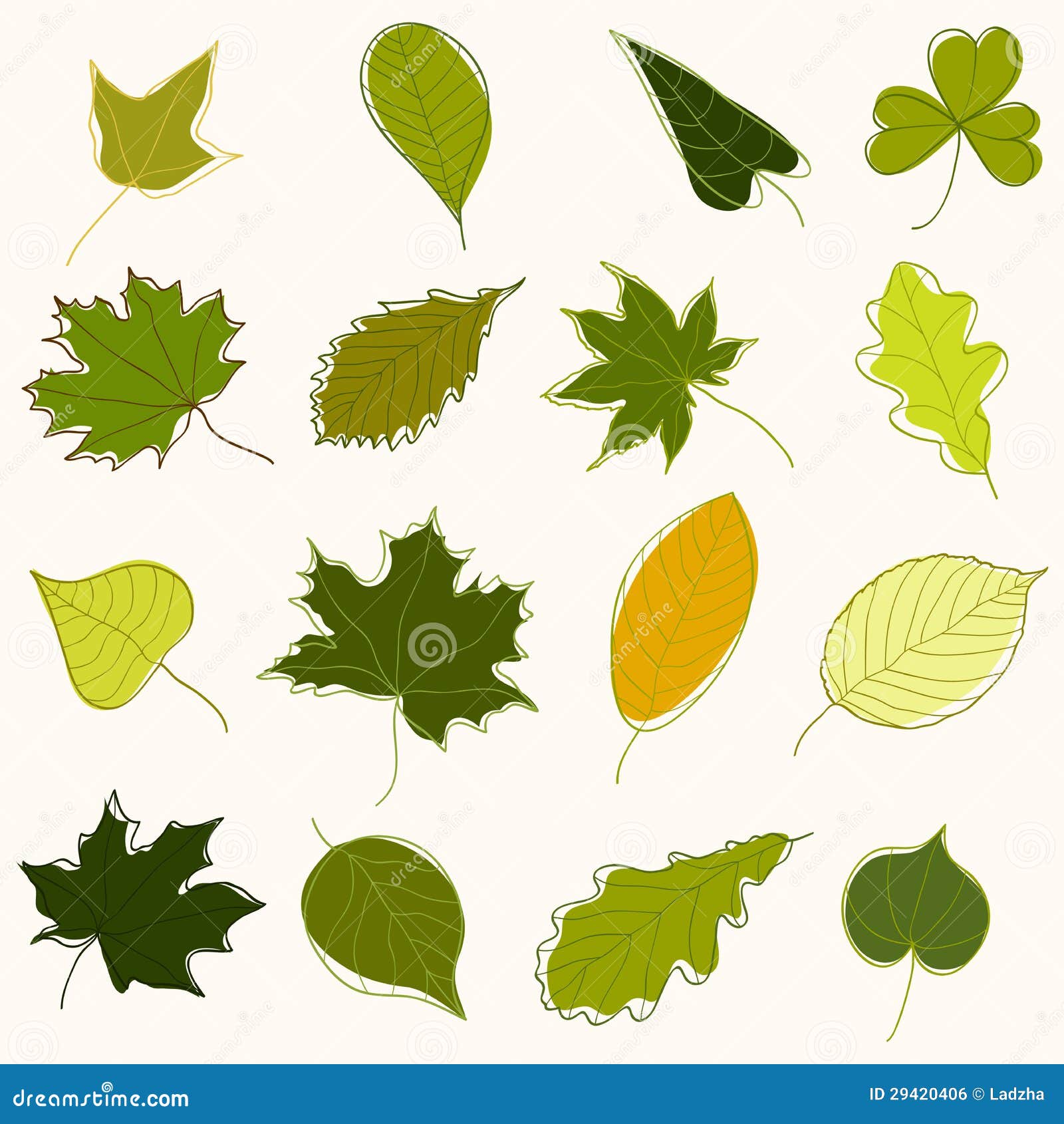 Set of green doodle leaves stock vector. Illustration of curl - 29420406