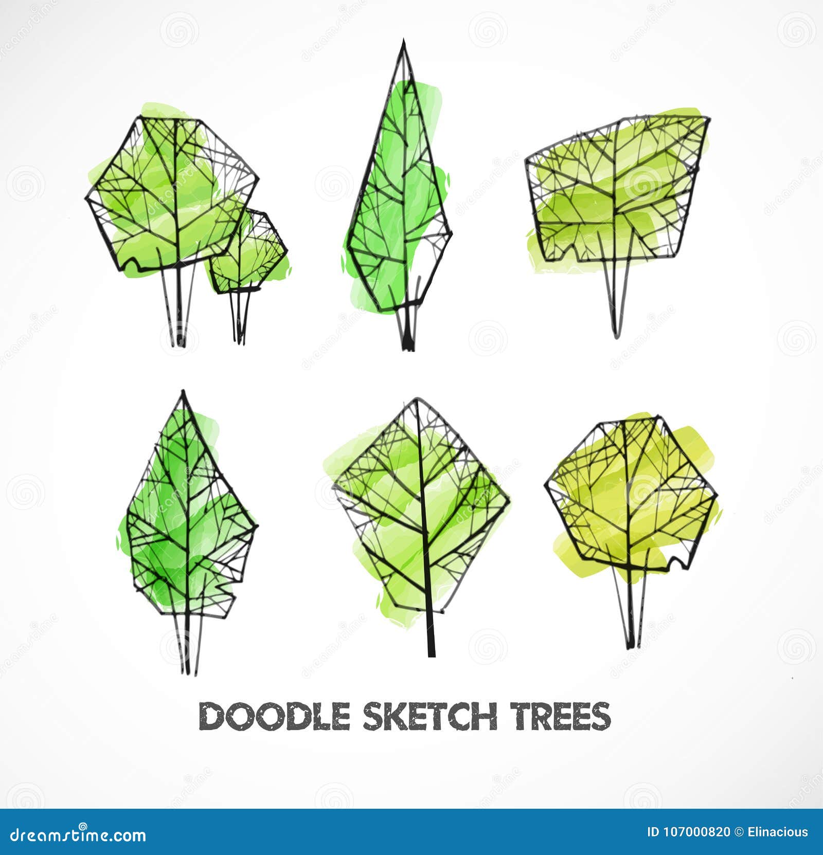 Set of Green Doodle Sketch Trees on White Background Stock Vector ...
