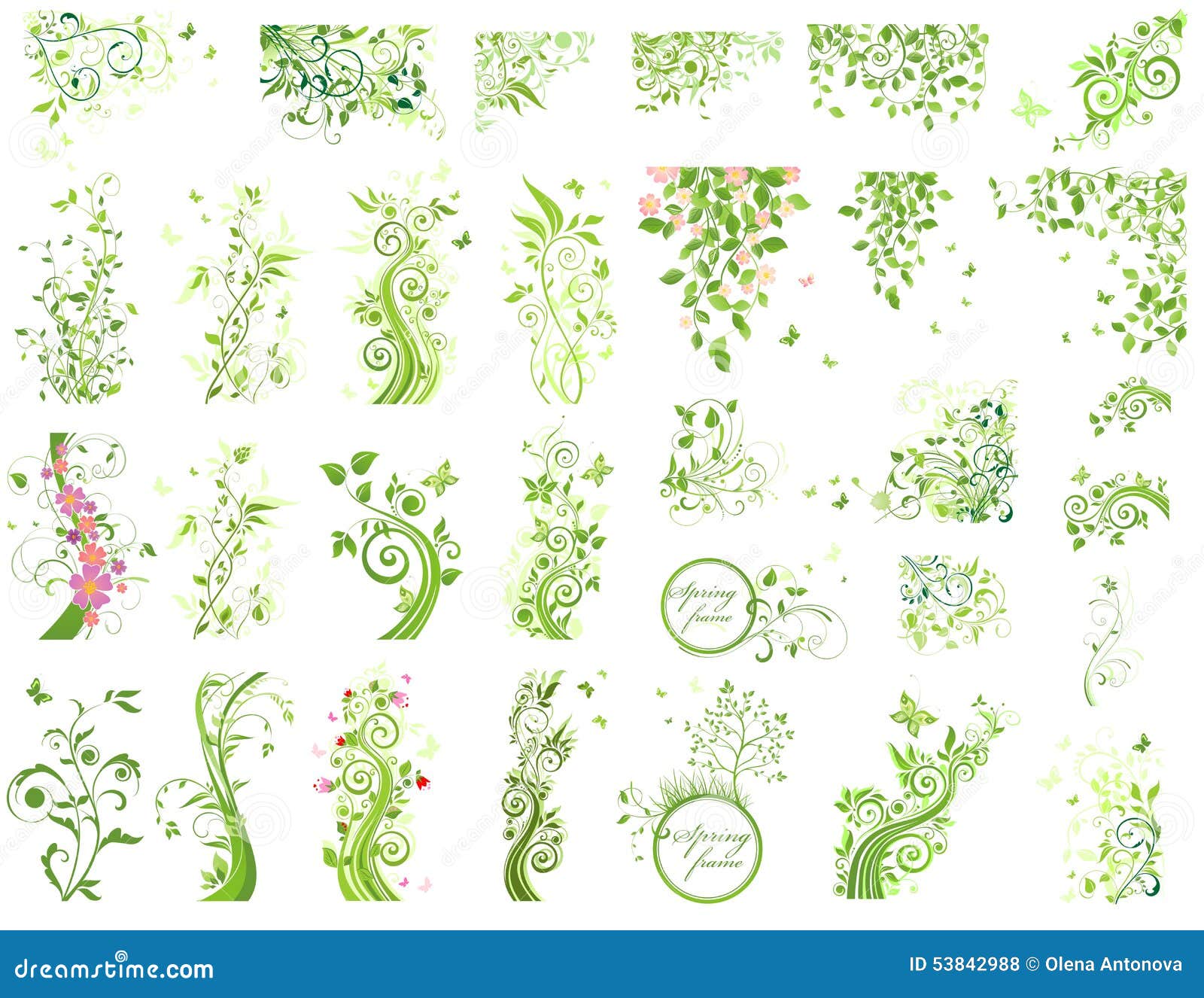 Set of Green Floral Design Elements Stock Vector - Illustration of ...