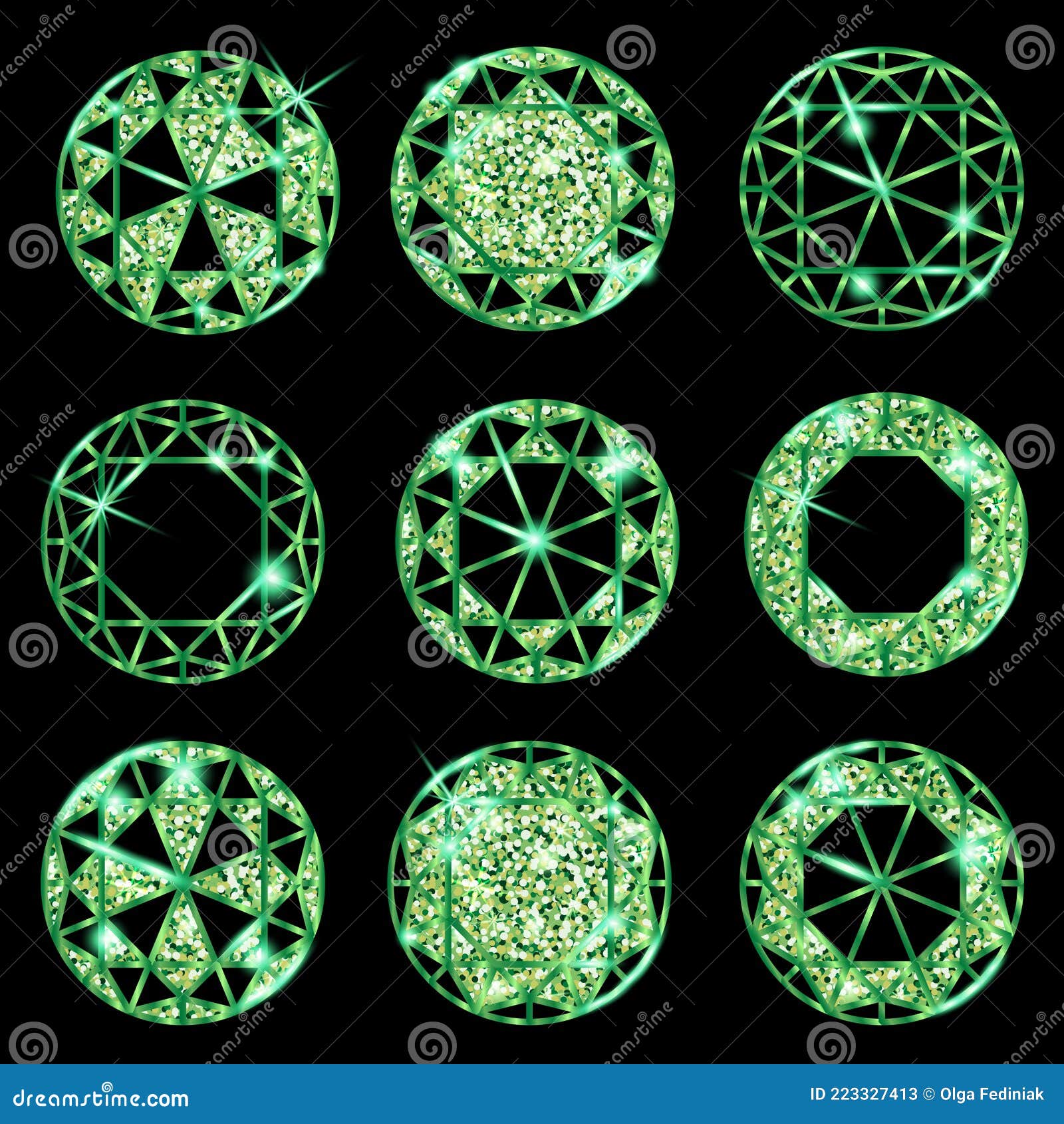 Set of Green Glitter Diamonds on Black Background. Front View. Shining ...