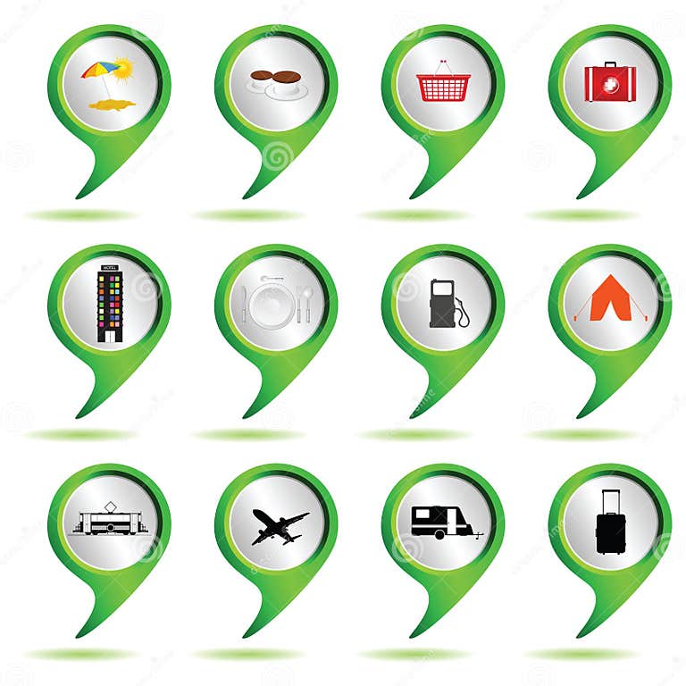 Set of Green Map Pointer with Travel Sign Stock Vector - Illustration ...