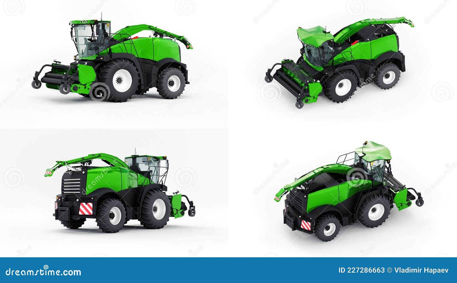 Set Green Modern Combine on a White Background. 3d Rendering. Stock ...