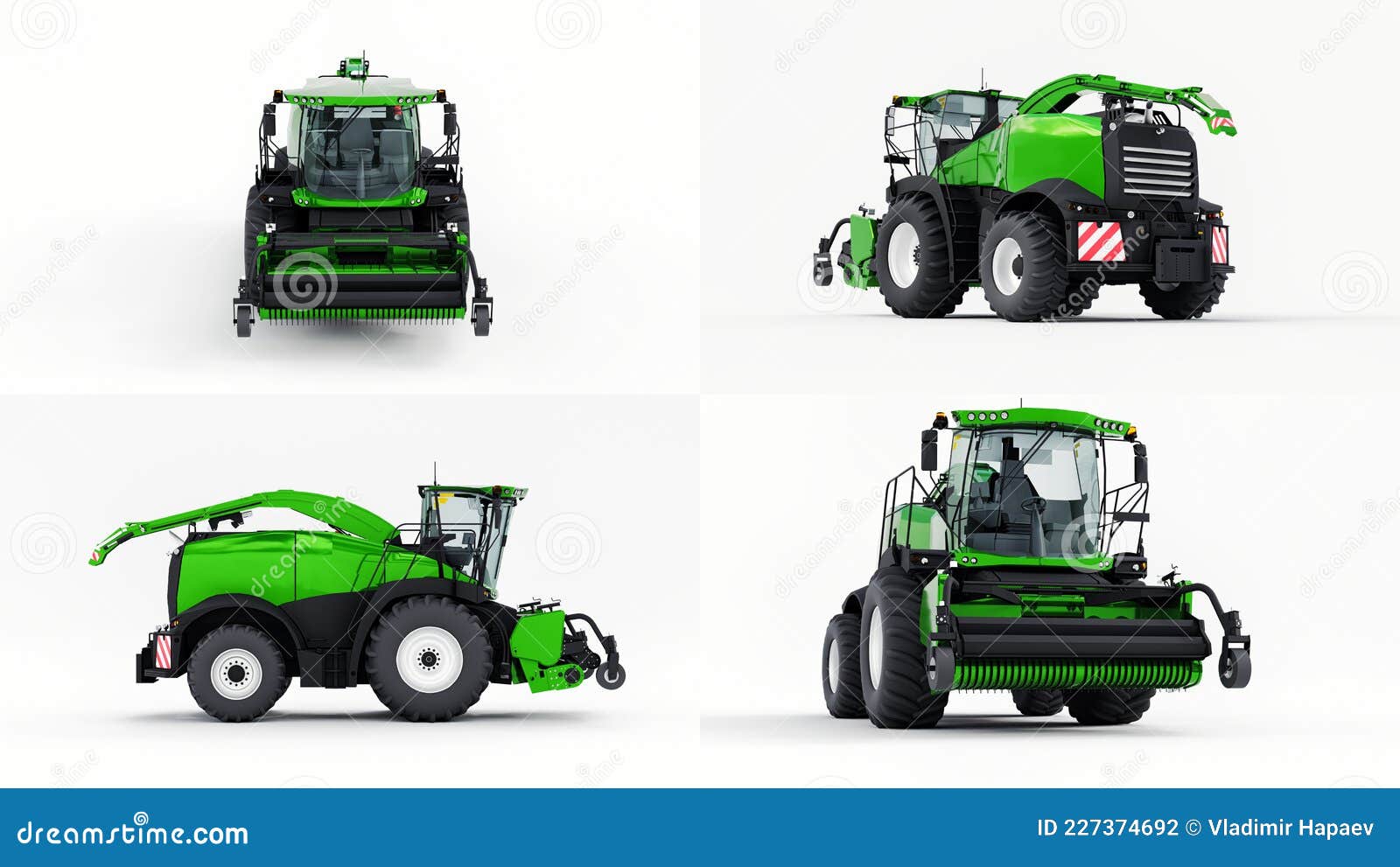 Set Green Modern Combine on a White Background. 3d Rendering. Stock ...