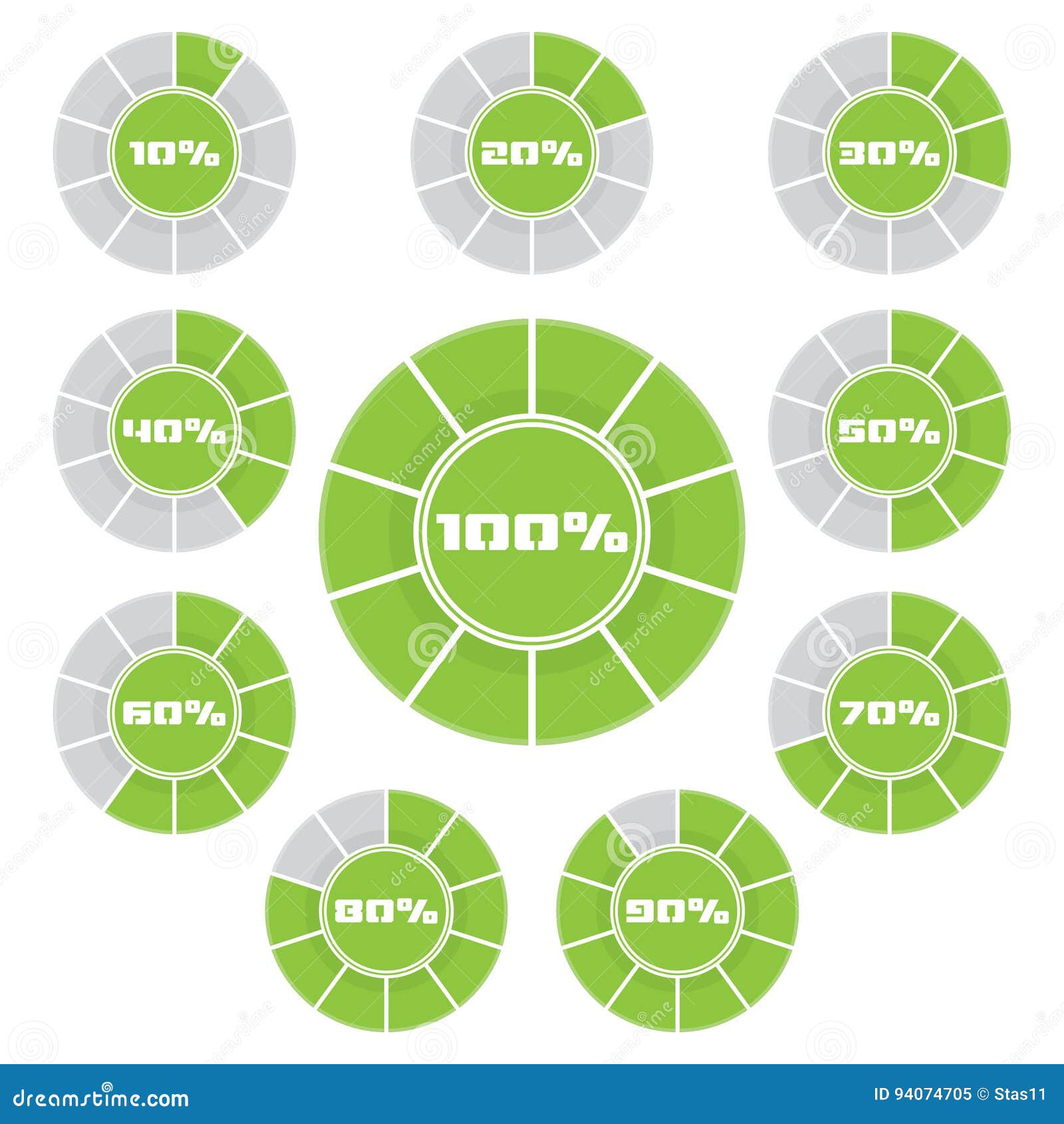 Set of Green Pie Chart Percentage Diagram with Shadow Stock ...
