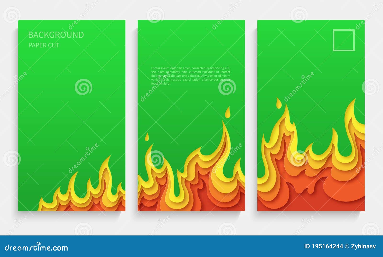 Set of Green Posters with Fire. Layered Design in Paper Style. Place ...