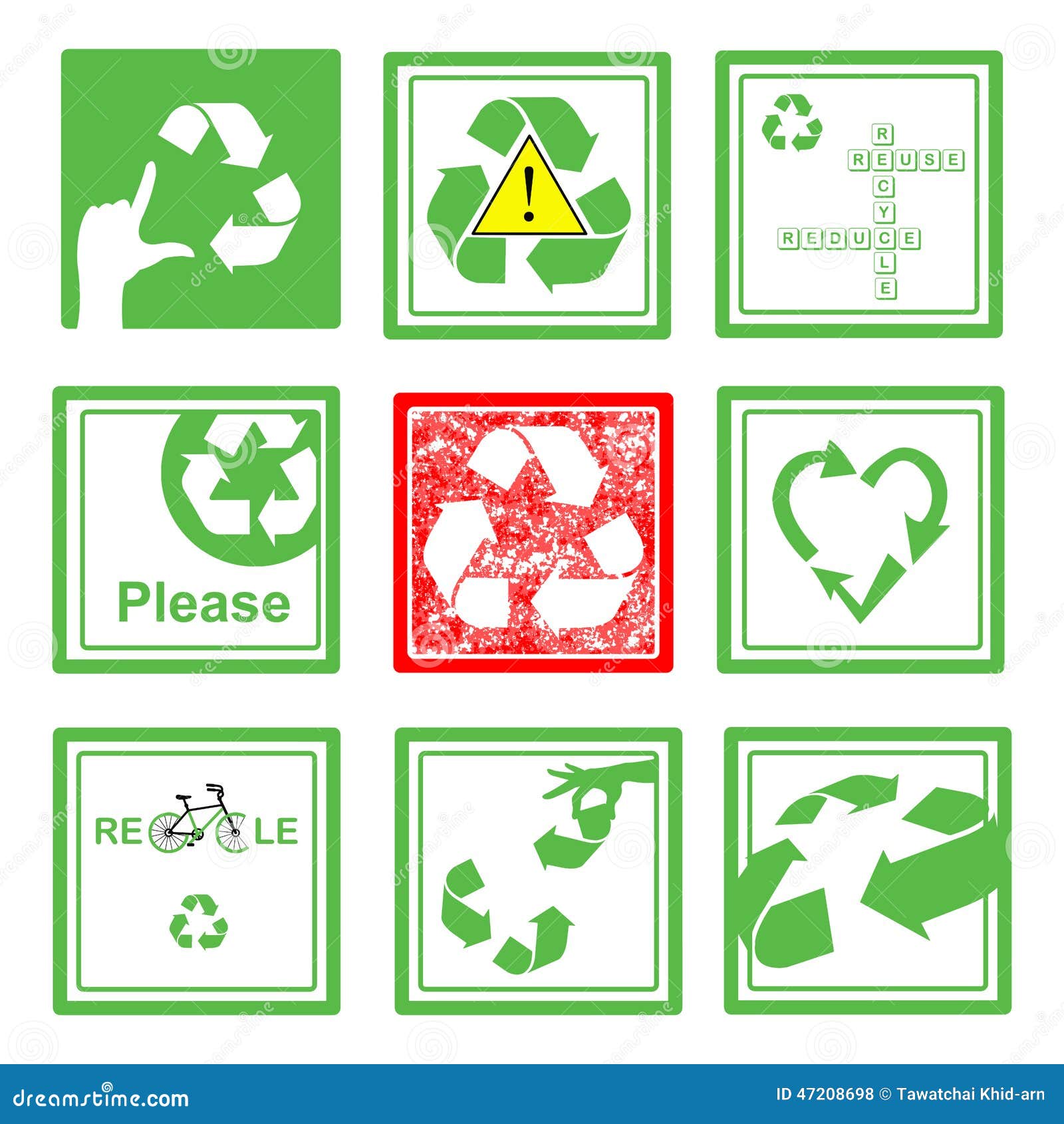 Set of Green and Red Recycle Sign Symbol on Green Square Stock Vector ...