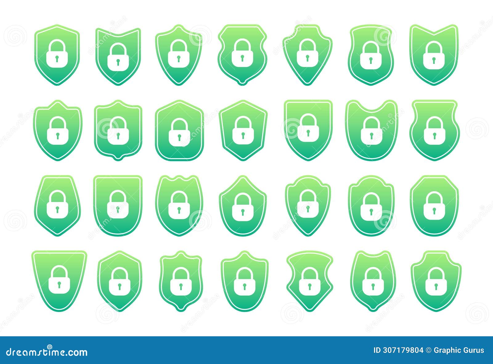Set of Green Security Shields with Padlock Icons, Representing Digital ...