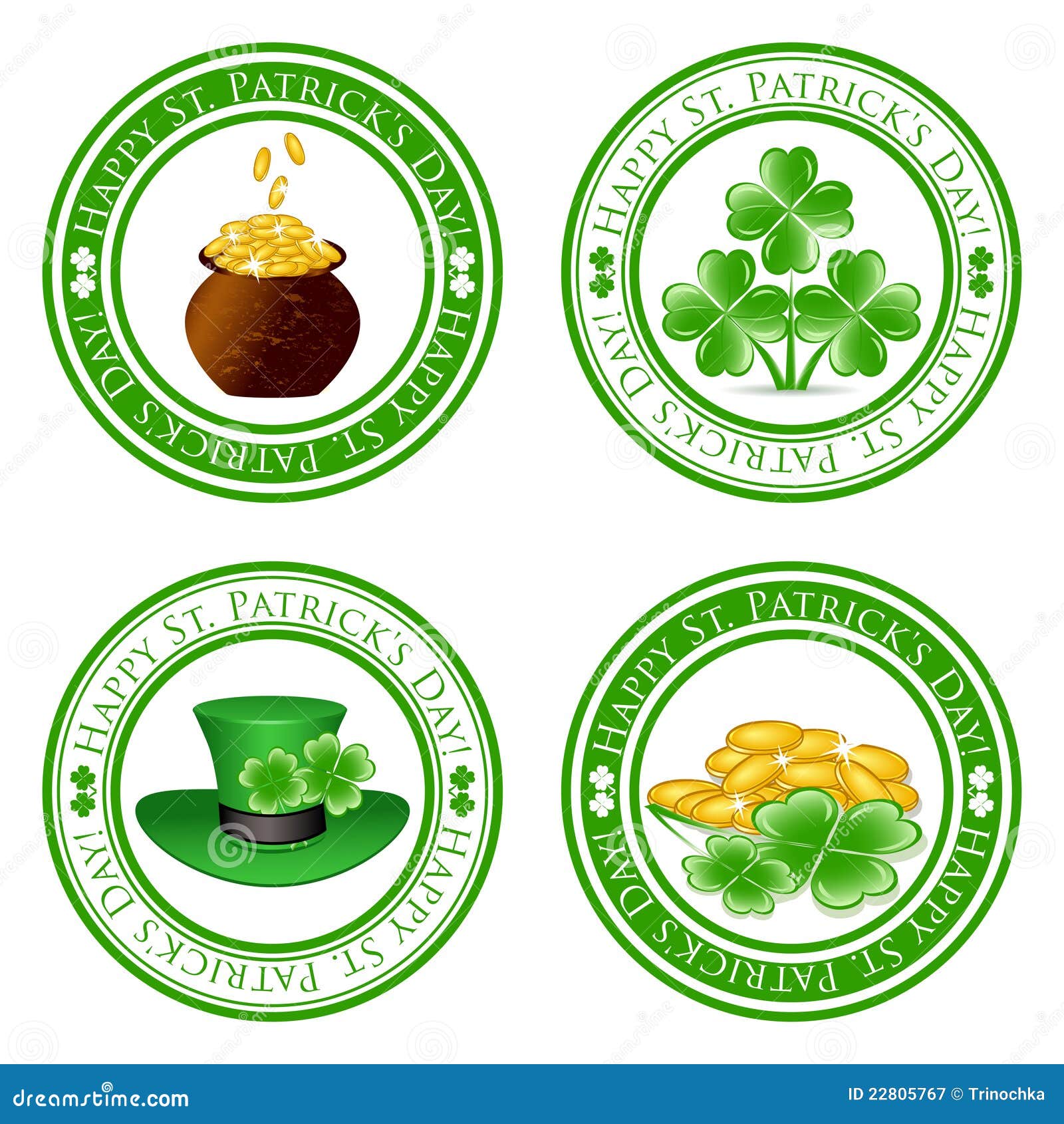 Set of Green Stamps with Four Leaf Clover Stock Vector - Illustration ...