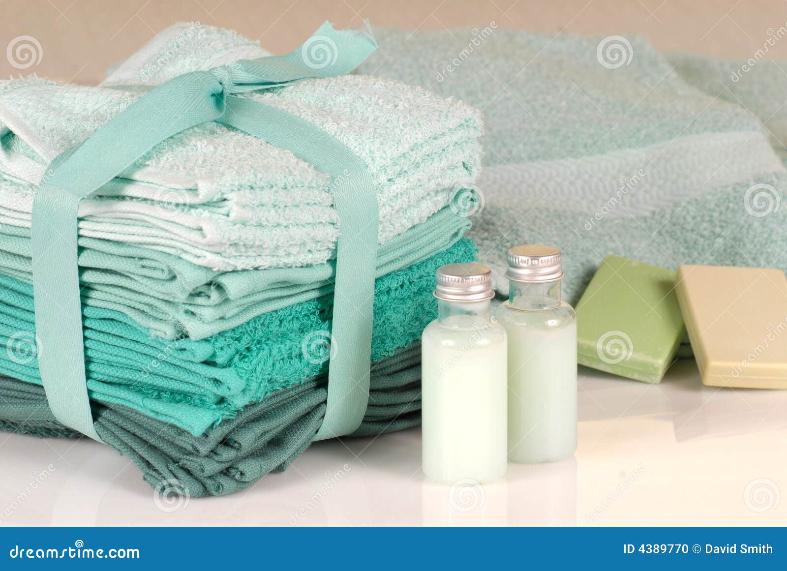 Set of Green Towels, Soap and Shampoo Stock Photo - Image of bath ...