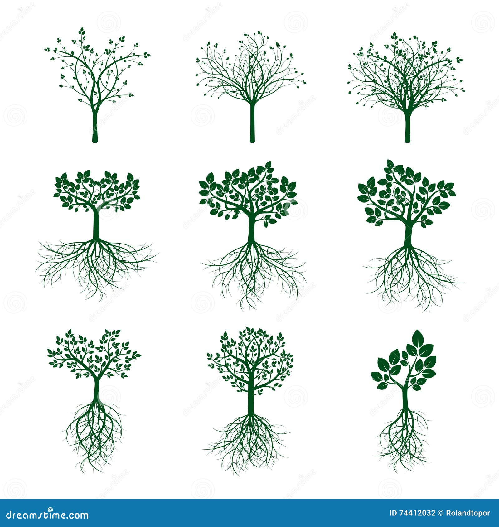 Set Green Trees and Roots. Vector Illustration Stock Illustration ...
