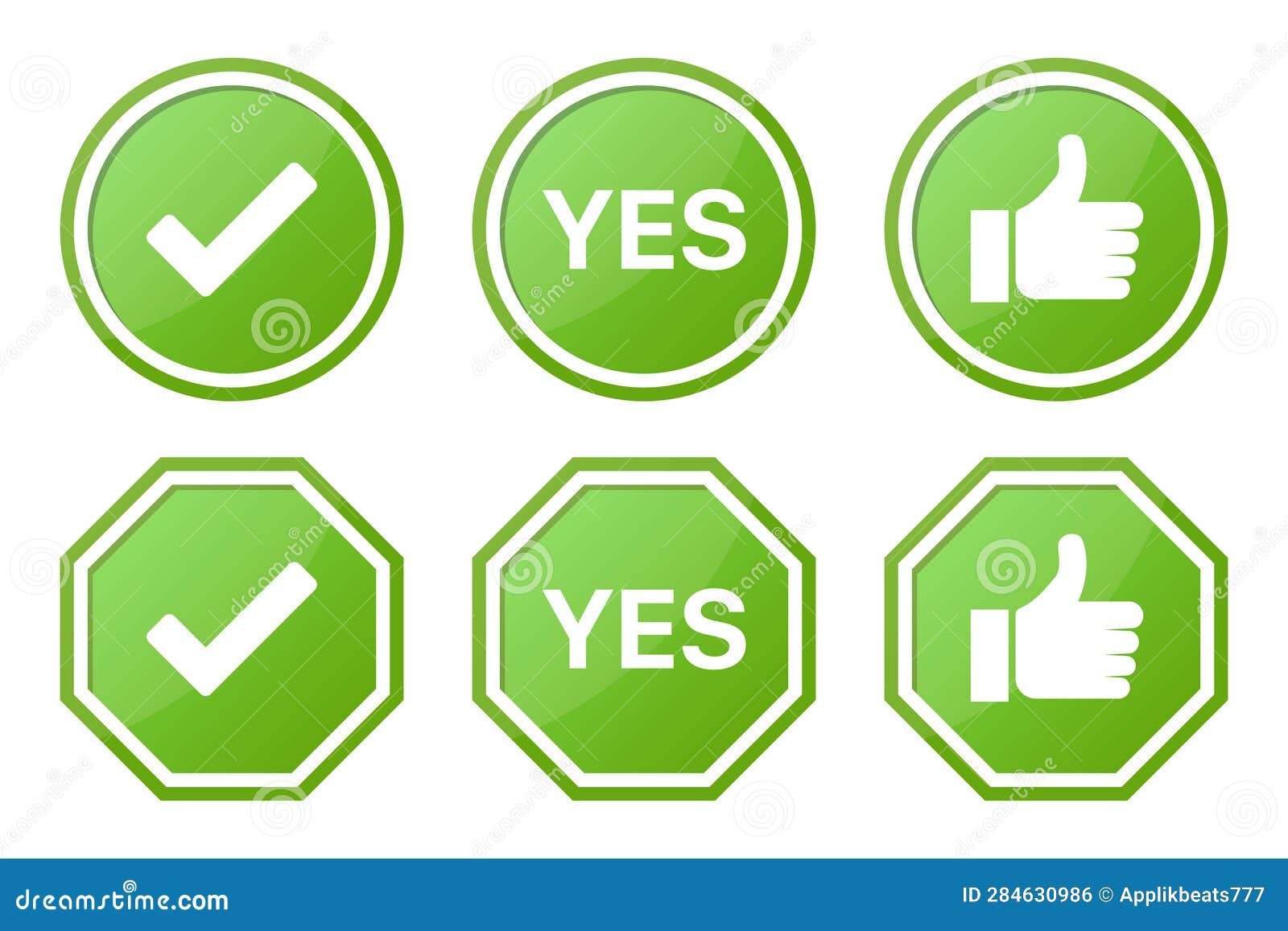 Set of Green Yes Signs with Tick and Like Stock Vector - Illustration ...