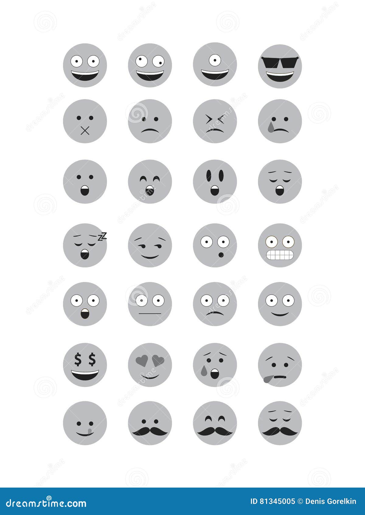 Set of Grey Emoticon Vector. Stock Vector - Illustration of design, emoticon: 81345005