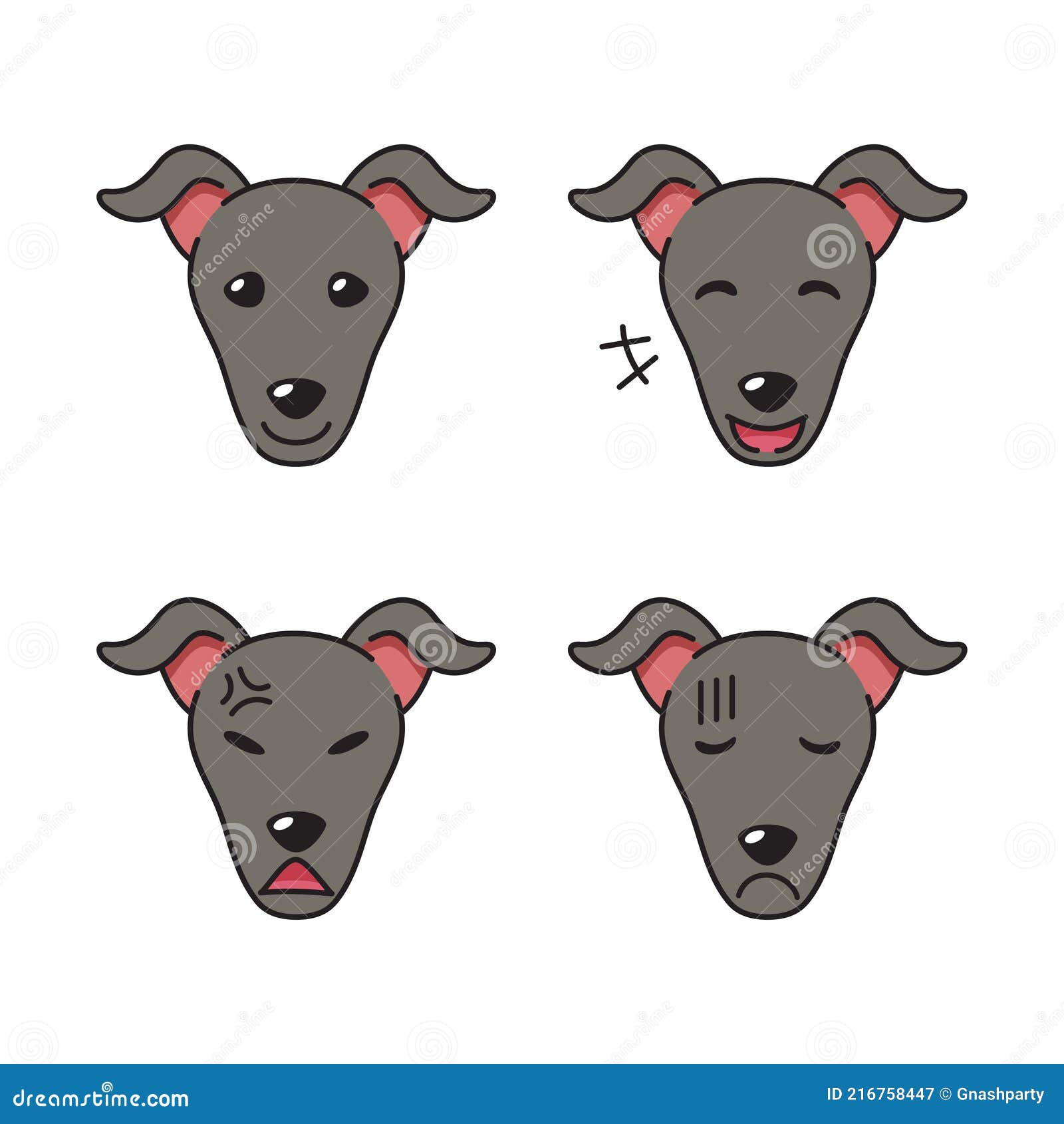 Set of Greyhound Dog Faces Showing Different Emotions Stock Vector ...