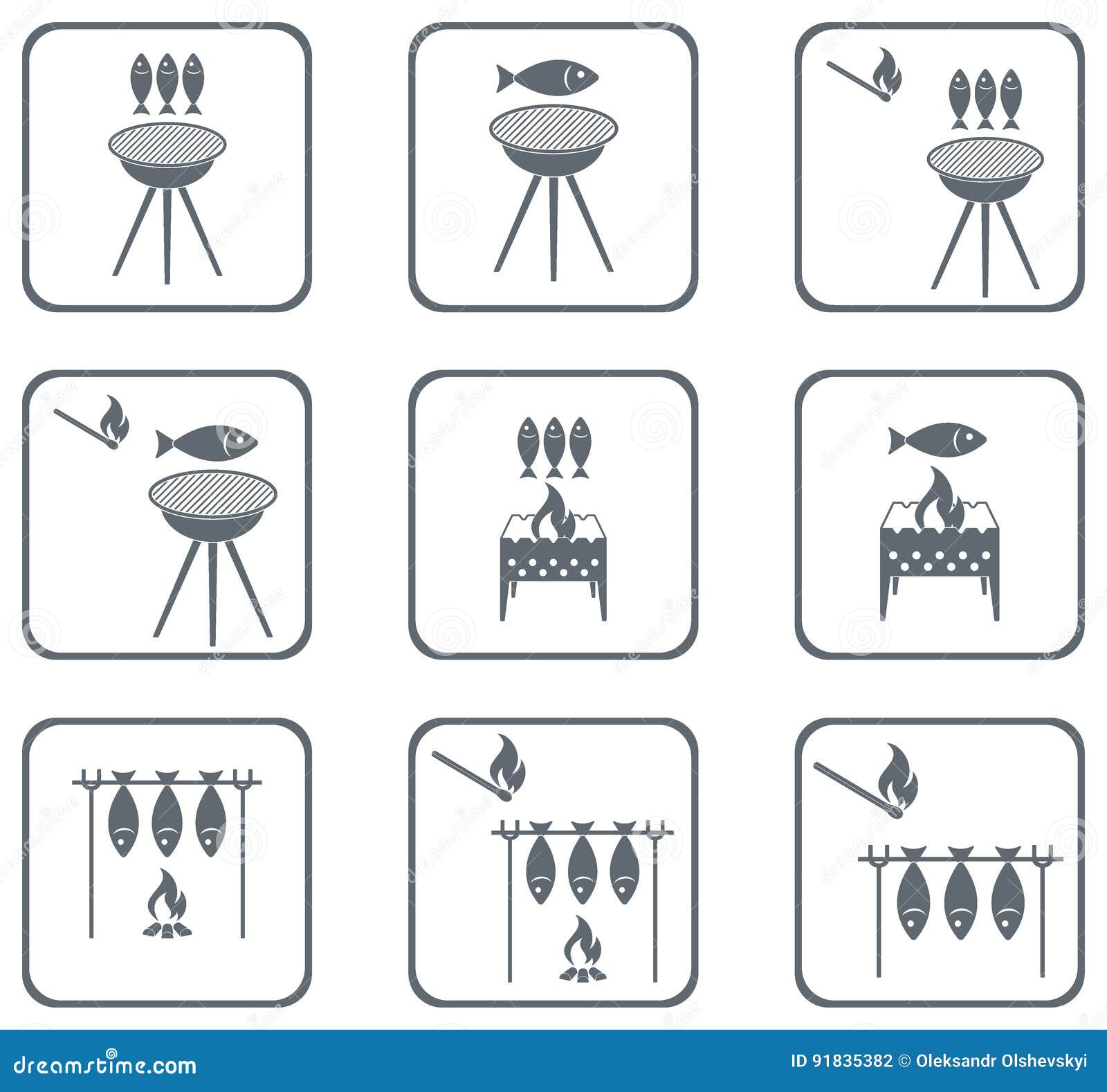 Set of Grilled fish icons stock vector. Illustration of grill - 91835382
