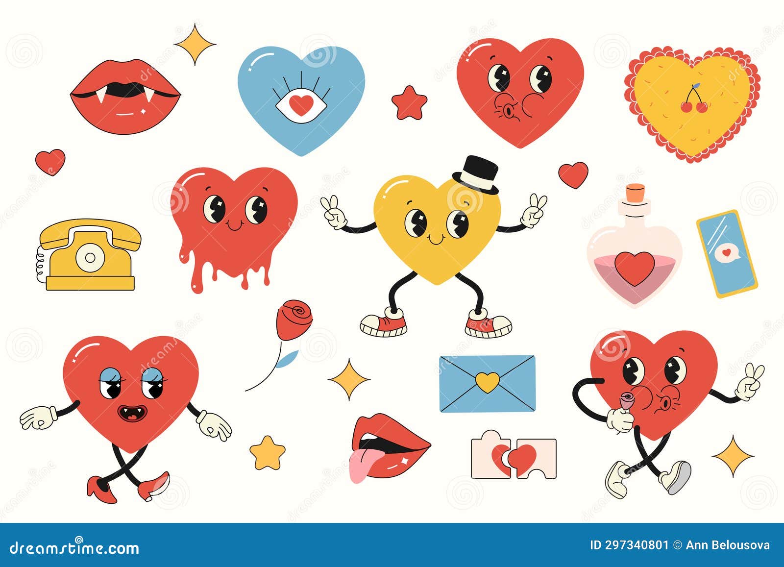 Set Groovy Heart Character, Valentine S Day, Vector Stock Illustration ...