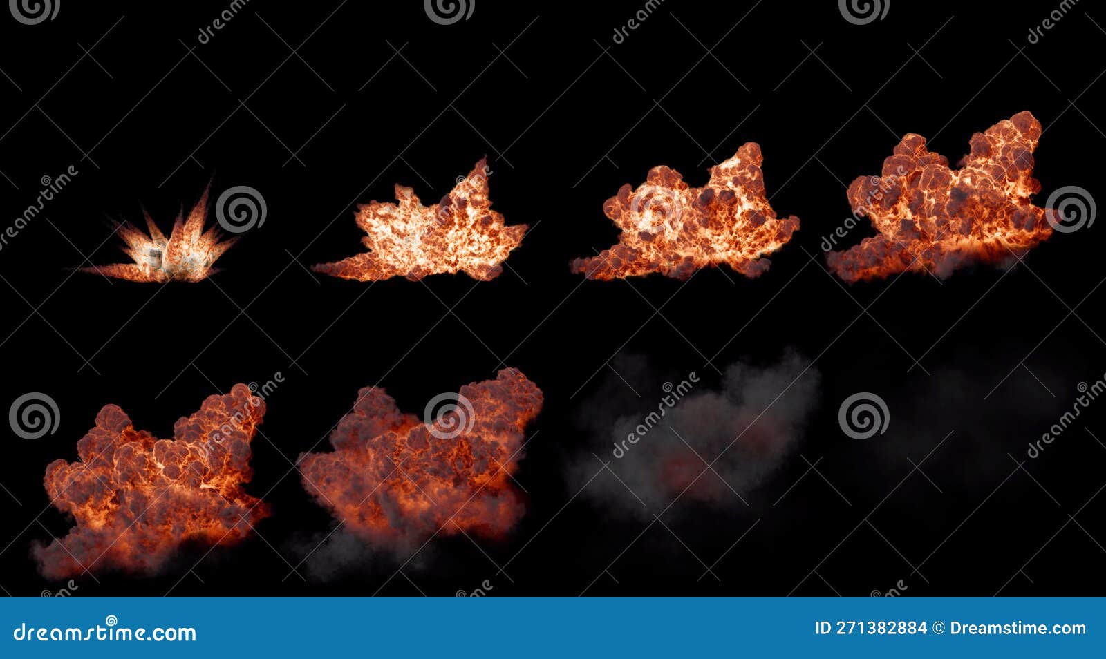 Set of Ground Fire and Smoke Explosion Isolated on Black Background ...
