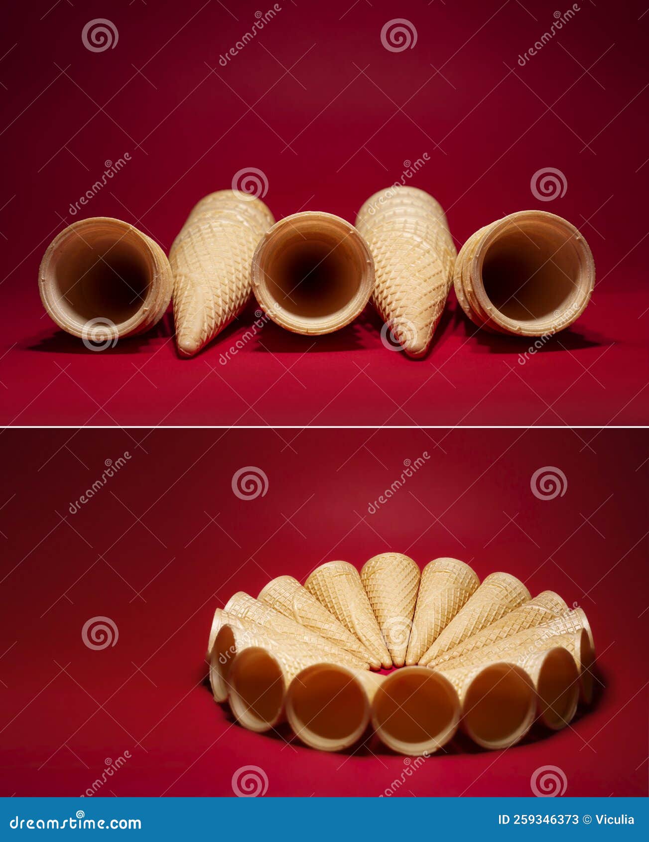 Set of a Group of Empty Waffles Cones on Red Background Stock Image ...